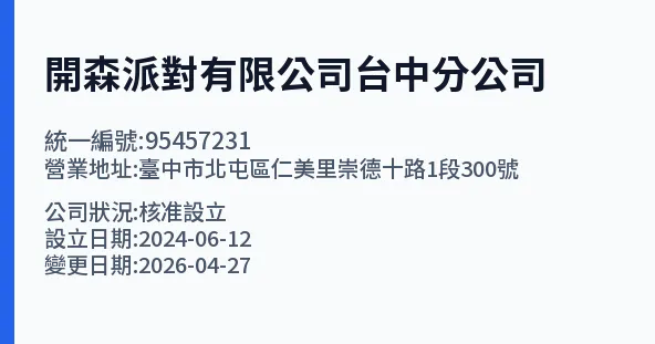 開森派對有限公司台中分公司的照片-統編 95457231(臺中市) 公司登記資料與營業項目詳細圖表