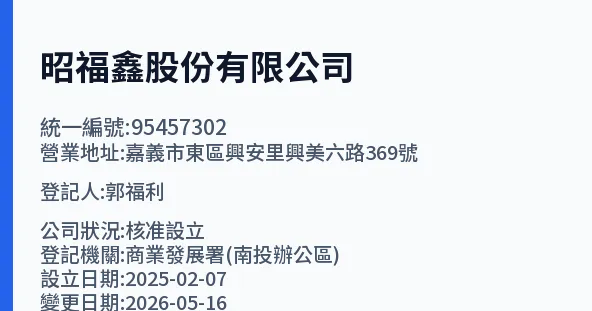 昭福鑫股份有限公司的照片-統編 95457302(嘉義市) 公司登記資料與營業項目詳細圖表