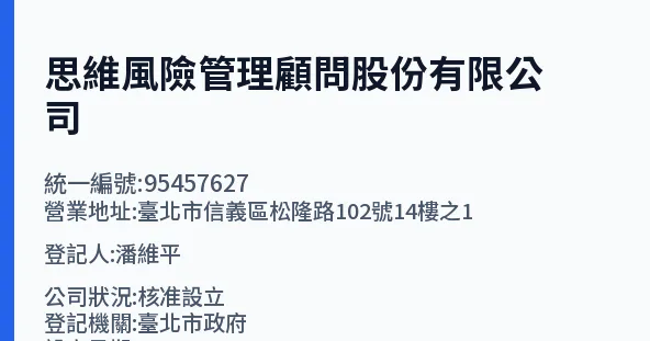 思維風險管理顧問股份有限公司的照片-統編 95457627(臺北市) 公司登記資料與營業項目詳細圖表