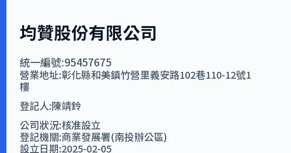 均贊股份有限公司的照片-統編 95457675(彰化縣) 公司登記資料與營業項目詳細圖表