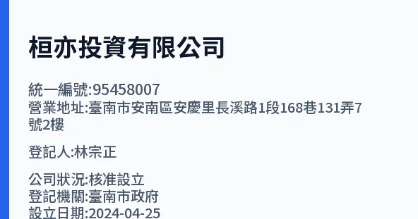 桓亦投資有限公司的照片-統編 95458007(臺南市) 公司登記資料與營業項目詳細圖表