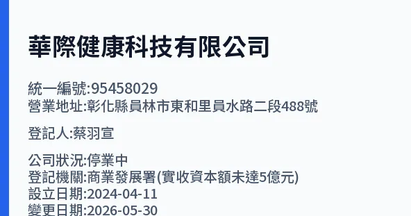華際健康科技有限公司的照片-統編 95458029(彰化縣) 公司登記資料與營業項目詳細圖表