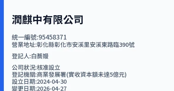 潤麒中有限公司的照片-統編 95458371(彰化縣) 公司登記資料與營業項目詳細圖表