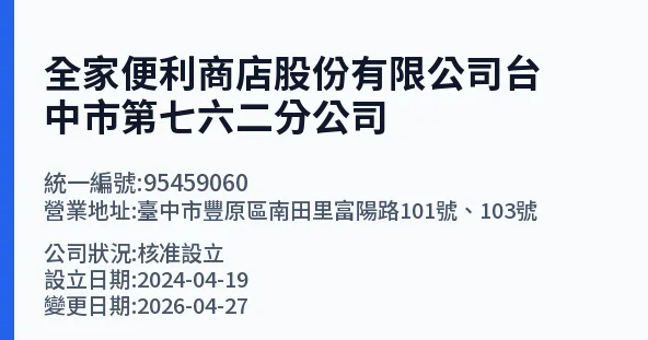 全家便利商店股份有限公司台中市第七六二分公司的照片-統編 95459060(臺中市) 公司登記資料與營業項目詳細圖表