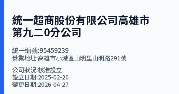 統一超商股份有限公司高雄市第九二0分公司的照片-統編 95459239(高雄市) 公司登記資料與營業項目詳細圖表
