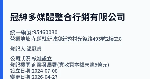 冠紳多媒體整合行銷有限公司的照片-統編 95460030(花蓮縣) 公司登記資料與營業項目詳細圖表