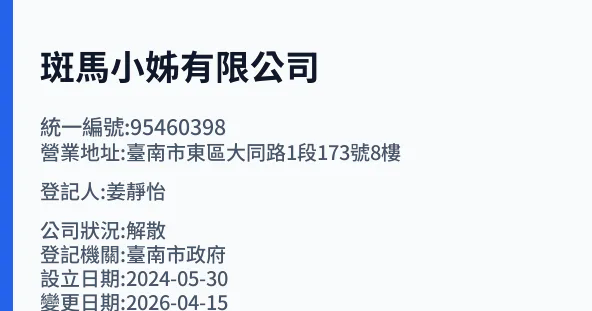 斑馬小姊有限公司的照片-統編 95460398(臺南市) 公司登記資料與營業項目詳細圖表