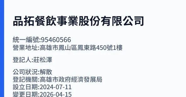 品拓餐飲事業股份有限公司的照片-統編 95460566(高雄市) 公司登記資料與營業項目詳細圖表