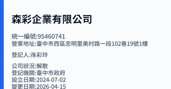 森彩企業有限公司的照片-統編 95460741(臺中市) 公司登記資料與營業項目詳細圖表
