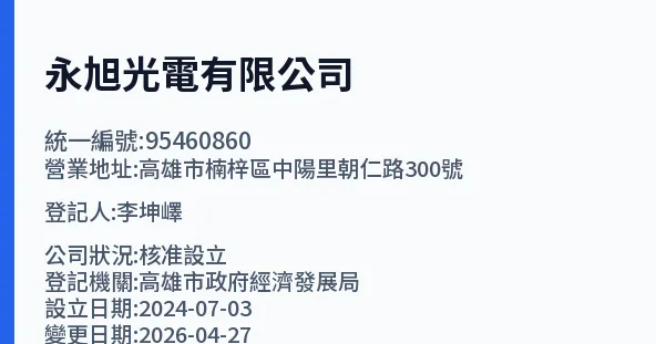 永旭光電有限公司的照片-統編 95460860(高雄市) 公司登記資料與營業項目詳細圖表