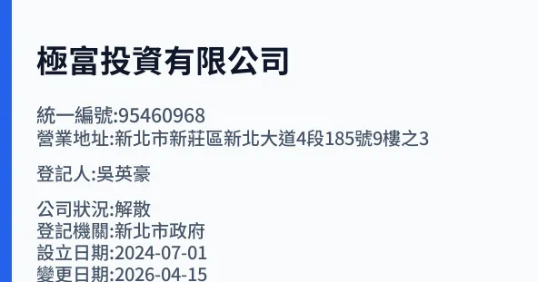 極富投資有限公司的照片-統編 95460968(新北市) 公司登記資料與營業項目詳細圖表
