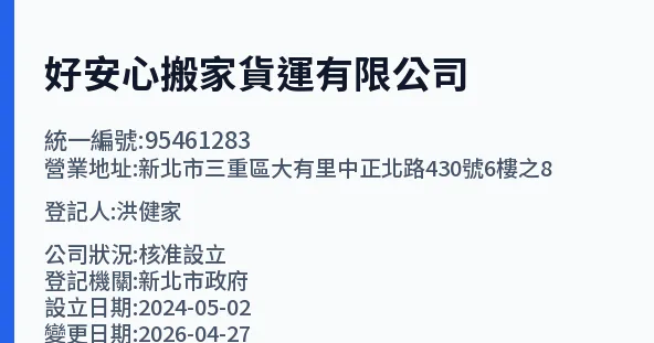 好安心搬家貨運有限公司的照片-統編 95461283(新北市) 公司登記資料與營業項目詳細圖表