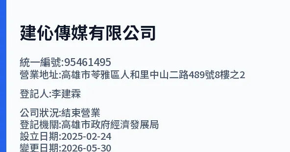 建伈傳媒有限公司的照片-統編 95461495(高雄市) 公司登記資料與營業項目詳細圖表