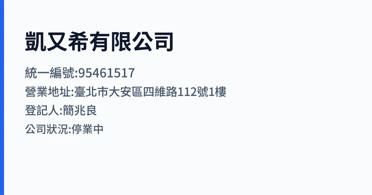 凱又希有限公司 - 統編 95461517(臺北市) 公司登記資料與營業項目詳細圖表