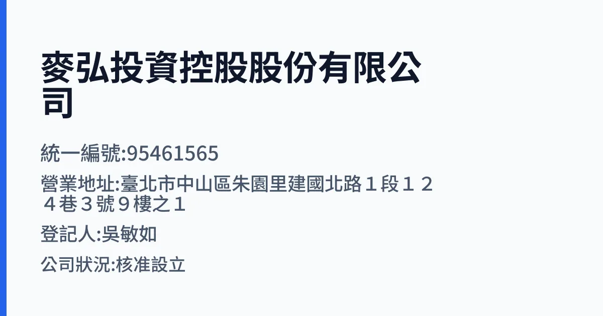 麥弘投資控股股份有限公司 - 統編 95461565(臺北市) 公司登記資料與營業項目詳細圖表