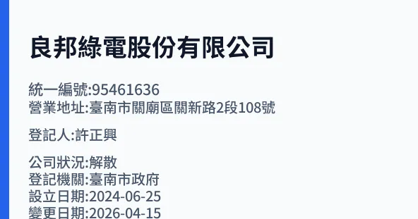 良邦綠電股份有限公司的照片-統編 95461636(臺南市) 公司登記資料與營業項目詳細圖表