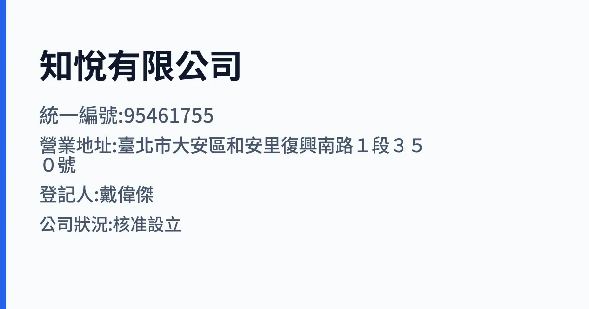 知悅有限公司 - 統編 95461755(臺北市) 公司登記資料與營業項目詳細圖表