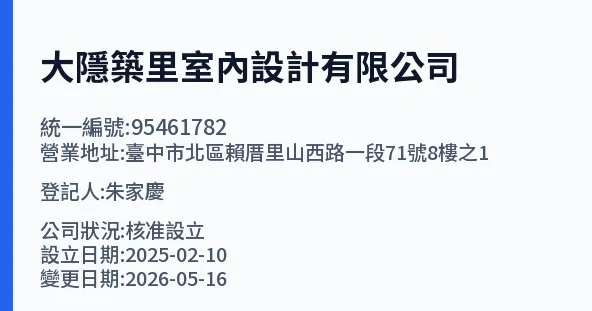 大隱築里室內設計有限公司的照片-統編 95461782(臺中市) 公司登記資料與營業項目詳細圖表