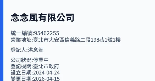 念念風有限公司的照片-統編 95462255(臺北市) 公司登記資料與營業項目詳細圖表