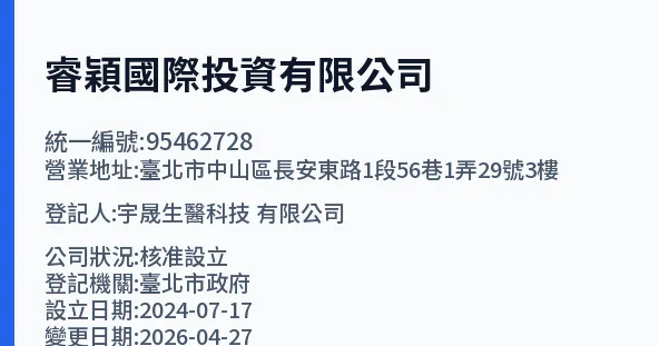 睿穎國際投資有限公司的照片-統編 95462728(臺北市) 公司登記資料與營業項目詳細圖表