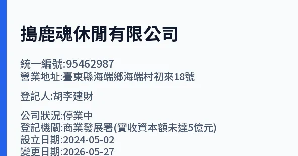 搗鹿魂休閒有限公司的照片-統編 95462987(臺東縣) 公司登記資料與營業項目詳細圖表