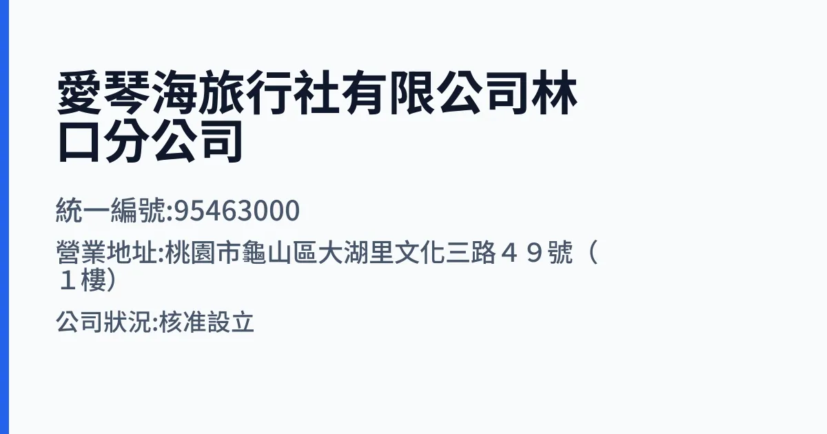 愛琴海旅行社有限公司林口分公司 - 統編 95463000(桃園市) 公司登記資料與營業項目詳細圖表
