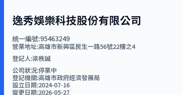 逸秀娛樂科技股份有限公司的照片-統編 95463249(高雄市) 公司登記資料與營業項目詳細圖表