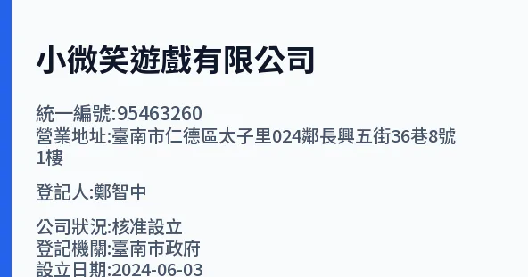 小微笑遊戲有限公司的照片-統編 95463260(臺南市) 公司登記資料與營業項目詳細圖表