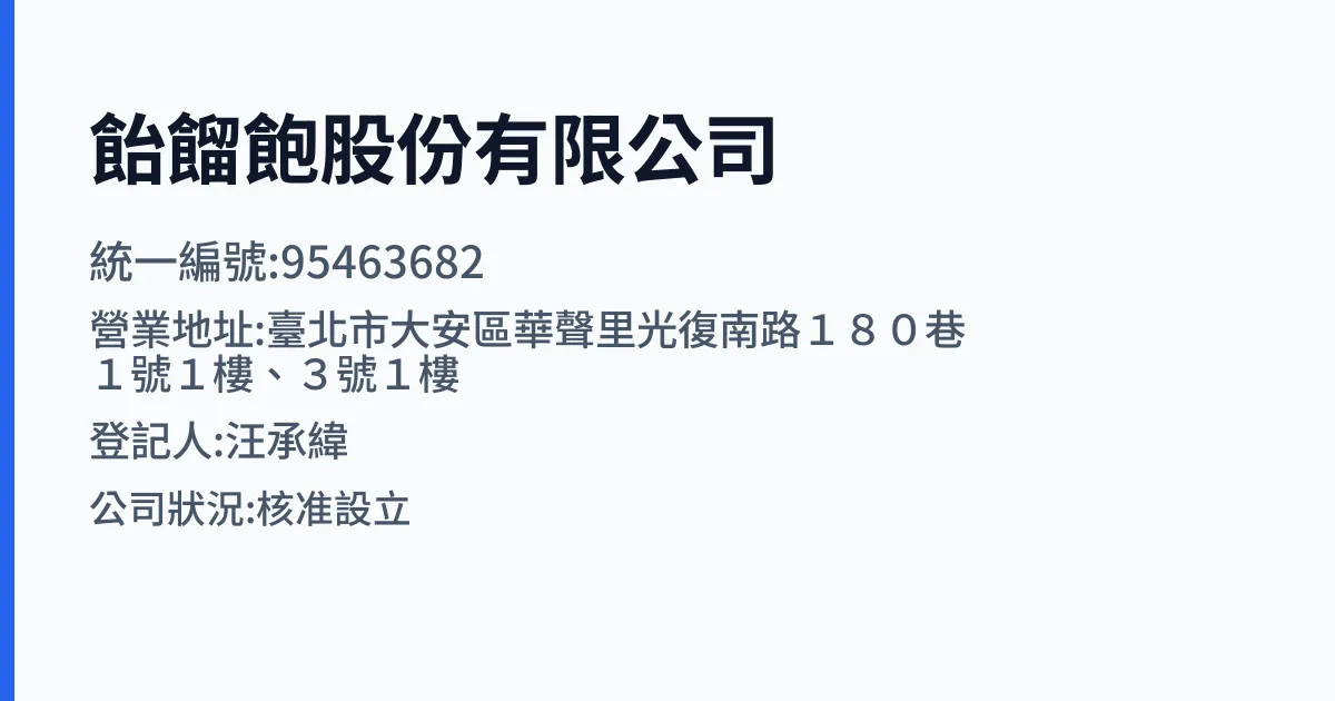 飴餾飽股份有限公司 - 統編 95463682(臺北市) 公司登記資料與營業項目詳細圖表