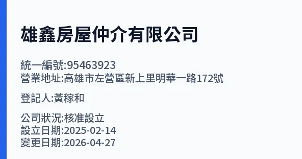 雄鑫房屋仲介有限公司的照片-統編 95463923(高雄市) 公司登記資料與營業項目詳細圖表