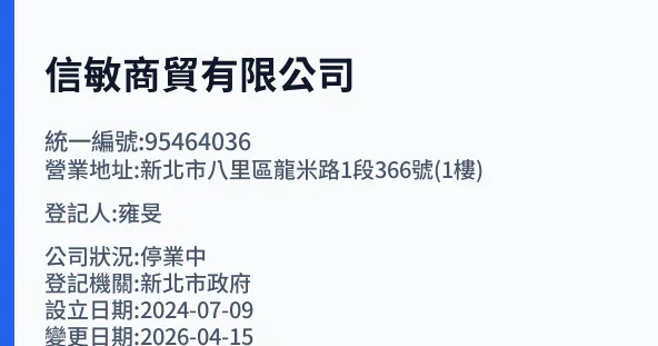 信敏商貿有限公司的照片-統編 95464036(新北市) 公司登記資料與營業項目詳細圖表