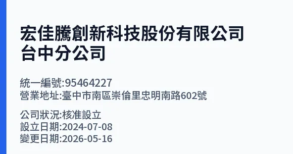 宏佳騰創新科技股份有限公司台中分公司的照片-統編 95464227(臺中市) 公司登記資料與營業項目詳細圖表