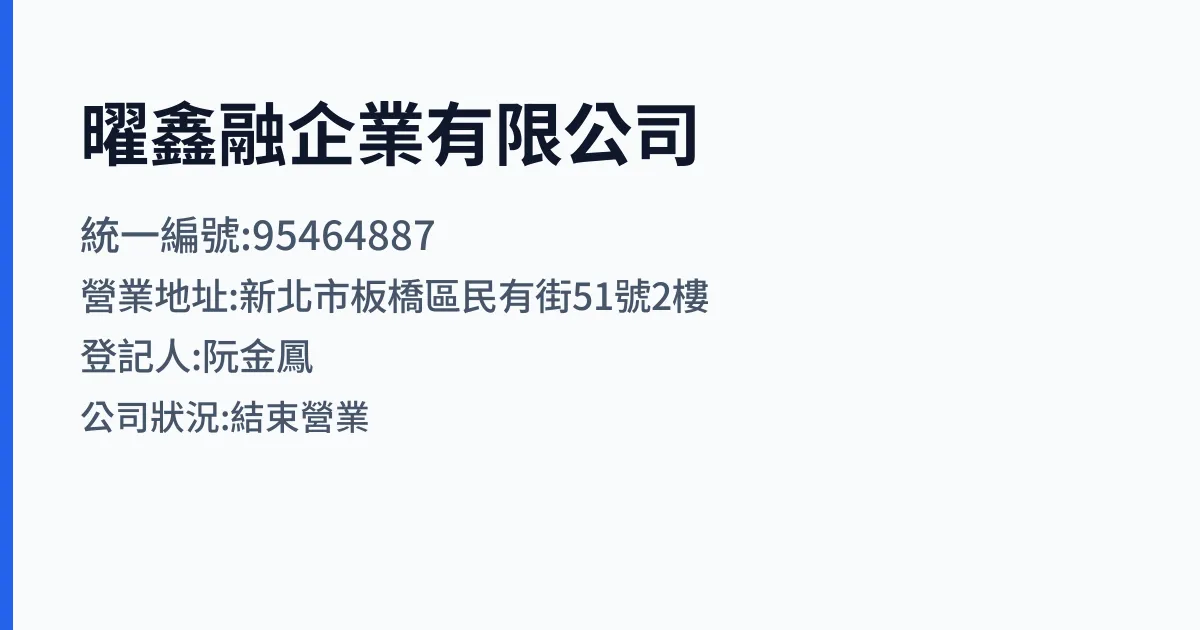 曜鑫融企業有限公司 - 統編 95464887(新北市) 公司登記資料與營業項目詳細圖表