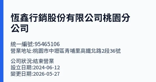 恆鑫行銷股份有限公司桃園分公司的照片-統編 95465106(桃園市) 公司登記資料與營業項目詳細圖表