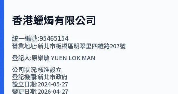 香港蠟燭有限公司的照片-統編 95465154(新北市) 公司登記資料與營業項目詳細圖表