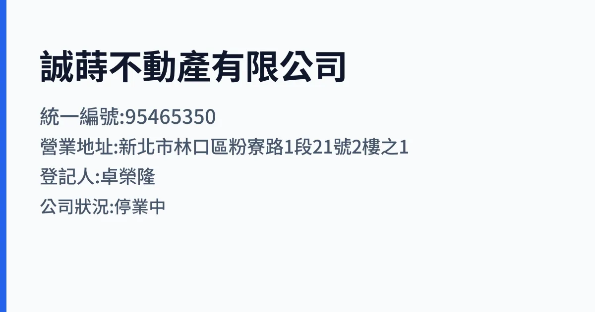 誠蒔不動產有限公司 - 統編 95465350(新北市) 公司登記資料與營業項目詳細圖表