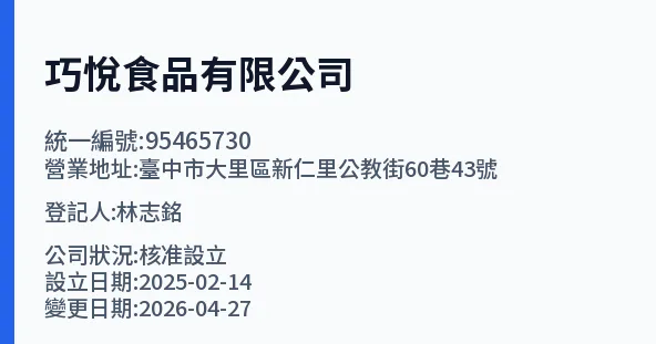 巧悅食品有限公司的照片-統編 95465730(臺中市) 公司登記資料與營業項目詳細圖表
