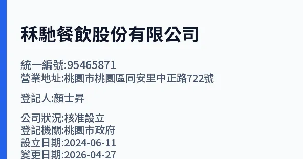 秝馳餐飲股份有限公司的照片-統編 95465871(桃園市) 公司登記資料與營業項目詳細圖表