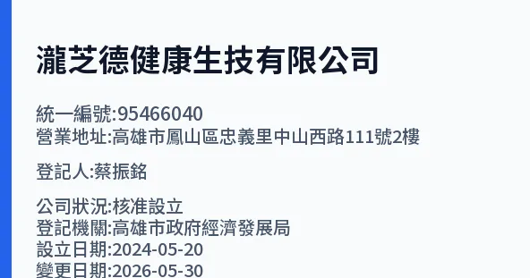瀧芝德健康生技有限公司的照片-統編 95466040(高雄市) 公司登記資料與營業項目詳細圖表