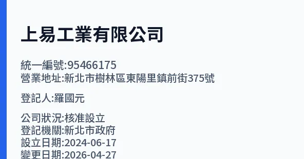 上易工業有限公司的照片-統編 95466175(新北市) 公司登記資料與營業項目詳細圖表
