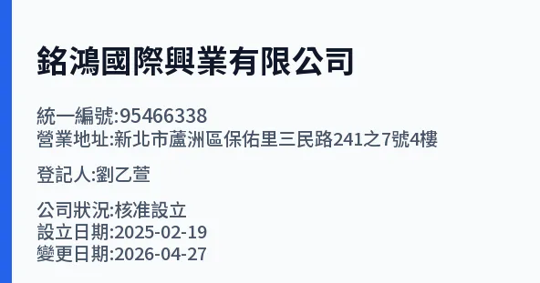 銘鴻國際興業有限公司的照片-統編 95466338(新北市) 公司登記資料與營業項目詳細圖表