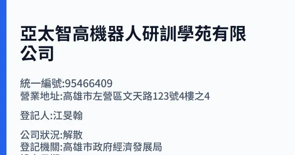亞太智高機器人研訓學苑有限公司的照片-統編 95466409(高雄市) 公司登記資料與營業項目詳細圖表