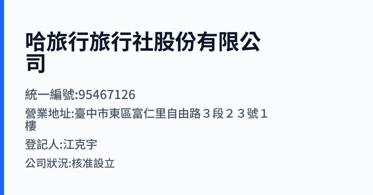 哈旅行旅行社股份有限公司 - 統編 95467126(臺中市) 公司登記資料與營業項目詳細圖表