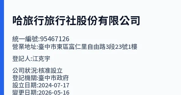 哈旅行旅行社股份有限公司的照片-統編 95467126(臺中市) 公司登記資料與營業項目詳細圖表