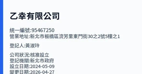 乙幸有限公司的照片-統編 95467250(新北市) 公司登記資料與營業項目詳細圖表