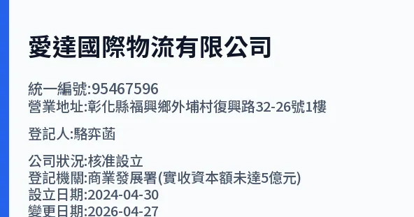 愛達國際物流有限公司的照片-統編 95467596(彰化縣) 公司登記資料與營業項目詳細圖表