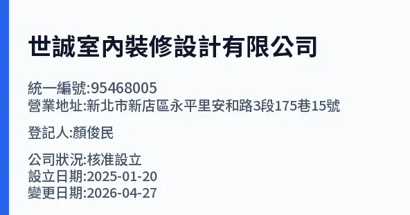 世誠室內裝修設計有限公司的照片-統編 95468005(新北市) 公司登記資料與營業項目詳細圖表