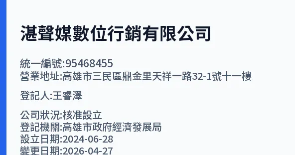 湛聲媒數位行銷有限公司的照片-統編 95468455(高雄市) 公司登記資料與營業項目詳細圖表