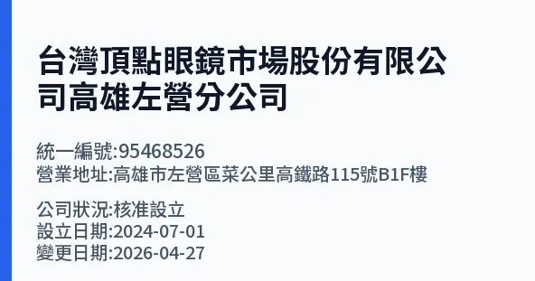 台灣頂點眼鏡市場股份有限公司高雄左營分公司的照片-統編 95468526(高雄市) 公司登記資料與營業項目詳細圖表