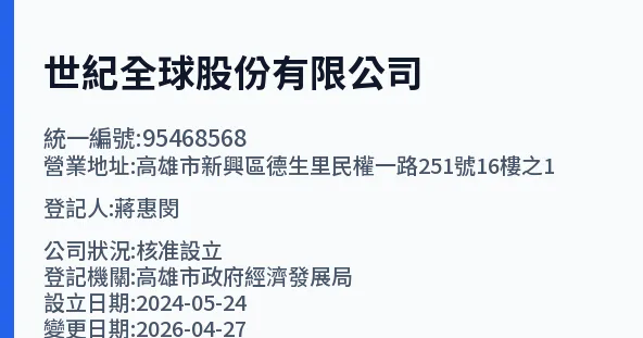 世紀全球股份有限公司的照片-統編 95468568(高雄市) 公司登記資料與營業項目詳細圖表